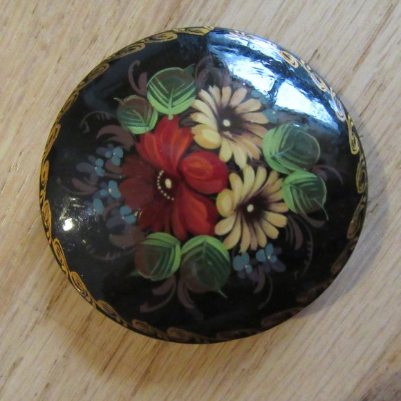 Jewelry | Vintage Russian Hand Painted Broochlacquerfloralsignedround ...